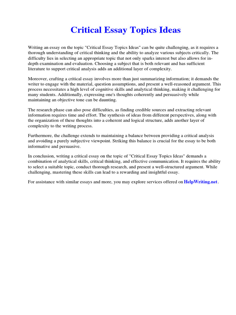 Critical Essay Topics Ideas | PDF | Knight | Critical Thinking