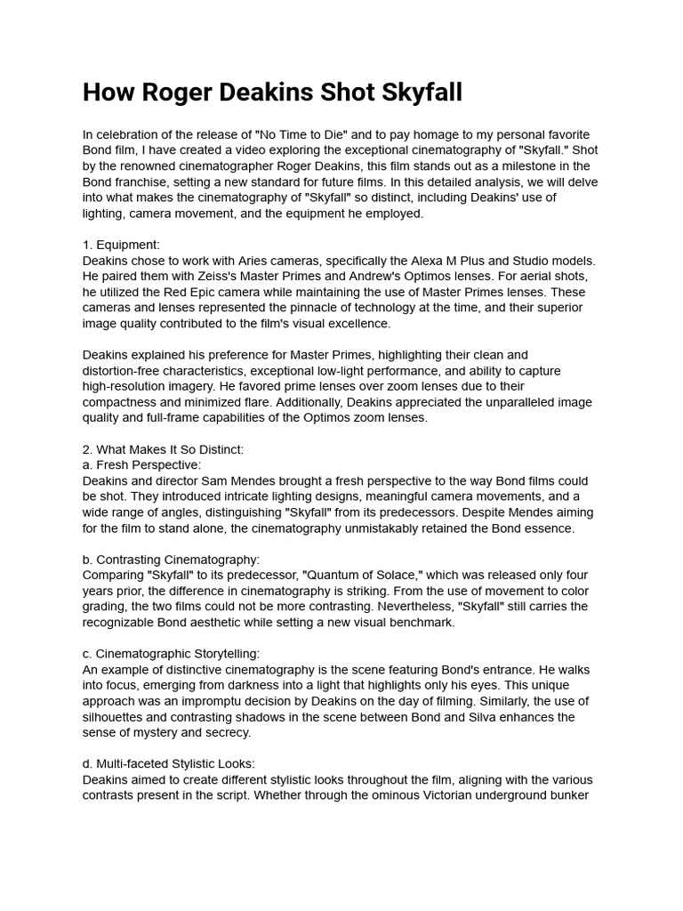 How Roger Deakins Shot Skyfall (For Cinematographers) | PDF ...