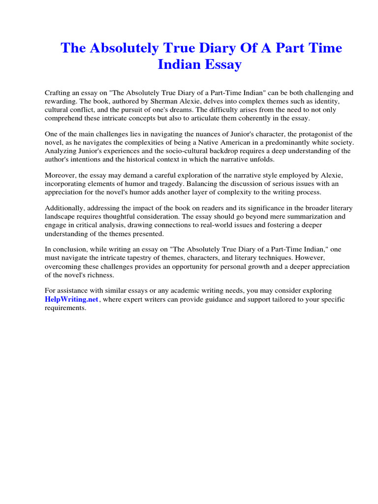 The Absolutely True Diary of A Part Time Indian Essay | PDF | Pakistan ...