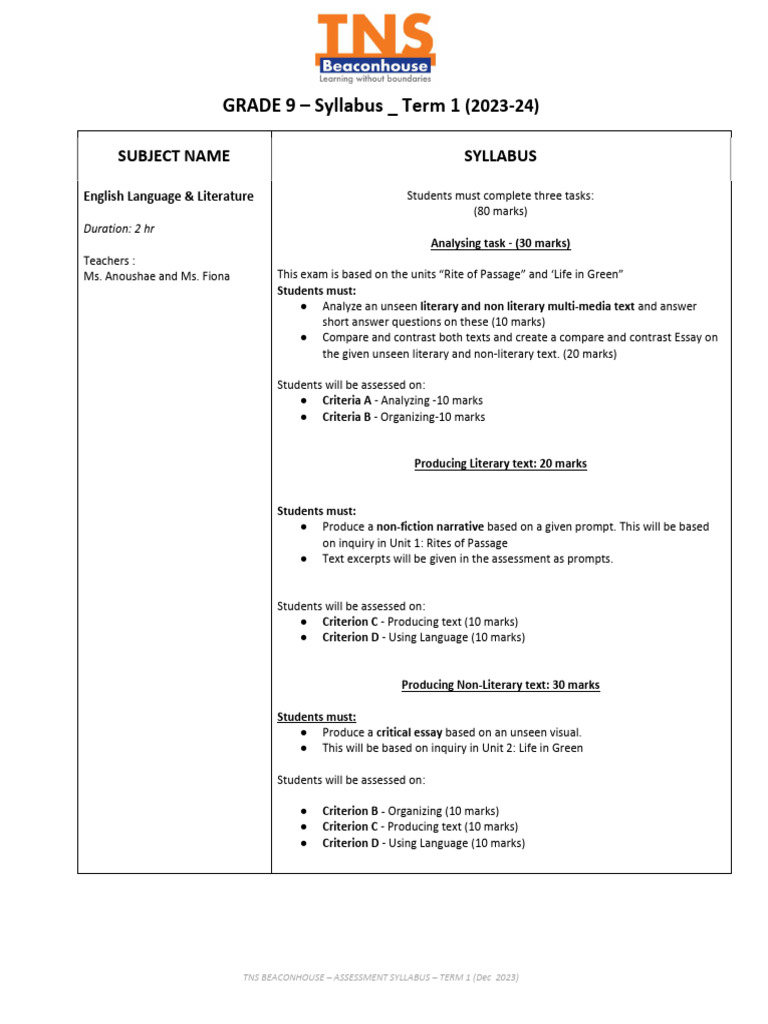 Syllabus G9 Term 1 Dec 23 | PDF | Chemistry | Chemical Compounds