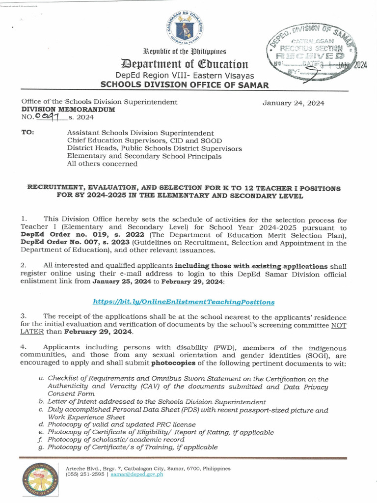 Division Memo No. 0047 S. 2024 RECRUITMENT EVALUATION AND SELECTION FOR ...