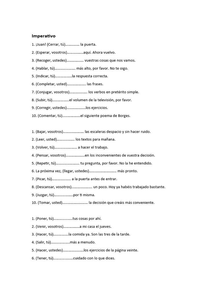 Imperativo Afirmativo Regular e Irregular A1 ELE | PDF | Artes del ...