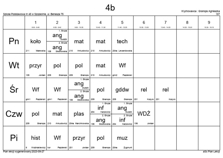Mat Mat Ang Tech Koło Ang Mat Pol Pol Przyr WF Ang Pol GDDW WF WF Ang Rel Rel Ang Pol WDŻ Inf ...