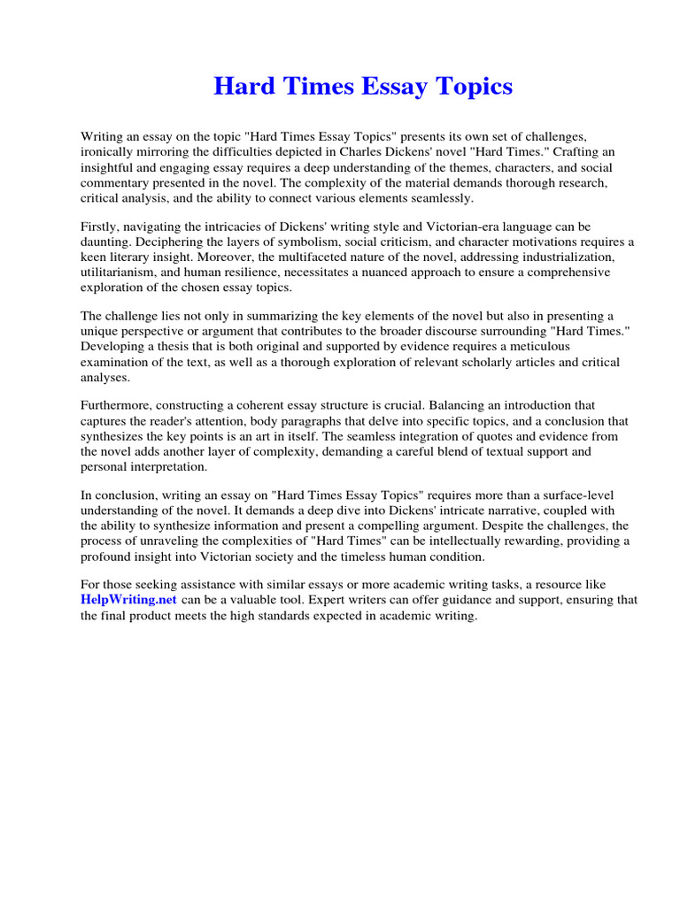 Hard Times Essay Topics | PDF | Essays | Miguel De Cervantes