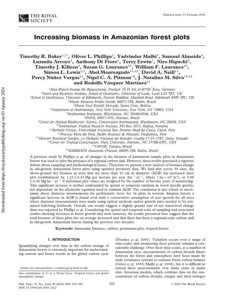 Malhi Et Al 2004 Increasing Biomass in Amazonian Forest Plots | PDF ...