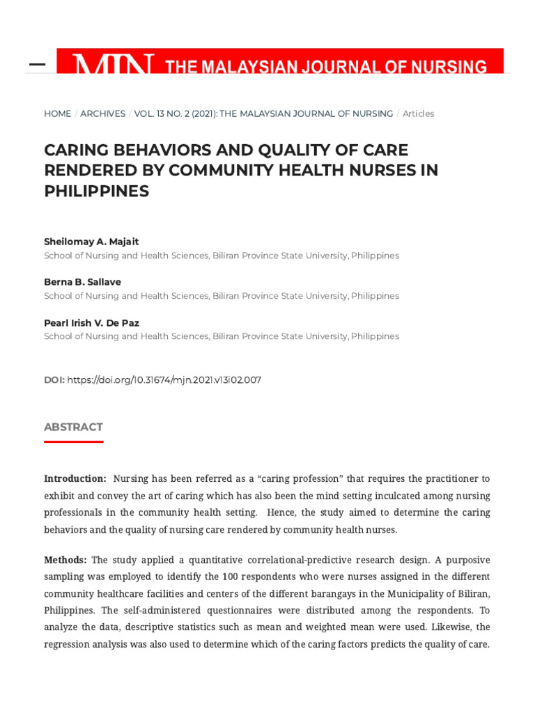 Caring Behaviors in Philippine Nursing | PDF | Nursing | Health Care
