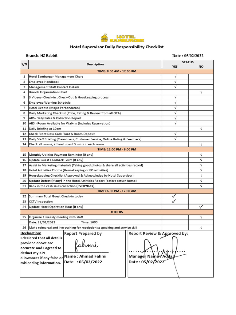 HZ Rabbit Supervisor Daily Checklist | PDF