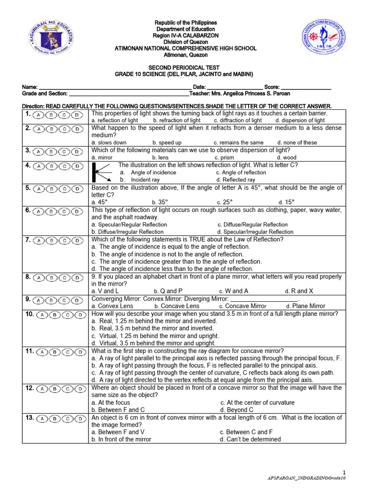 Grade 10 Second 2 | PDF | Reflection (Physics) | Mirror