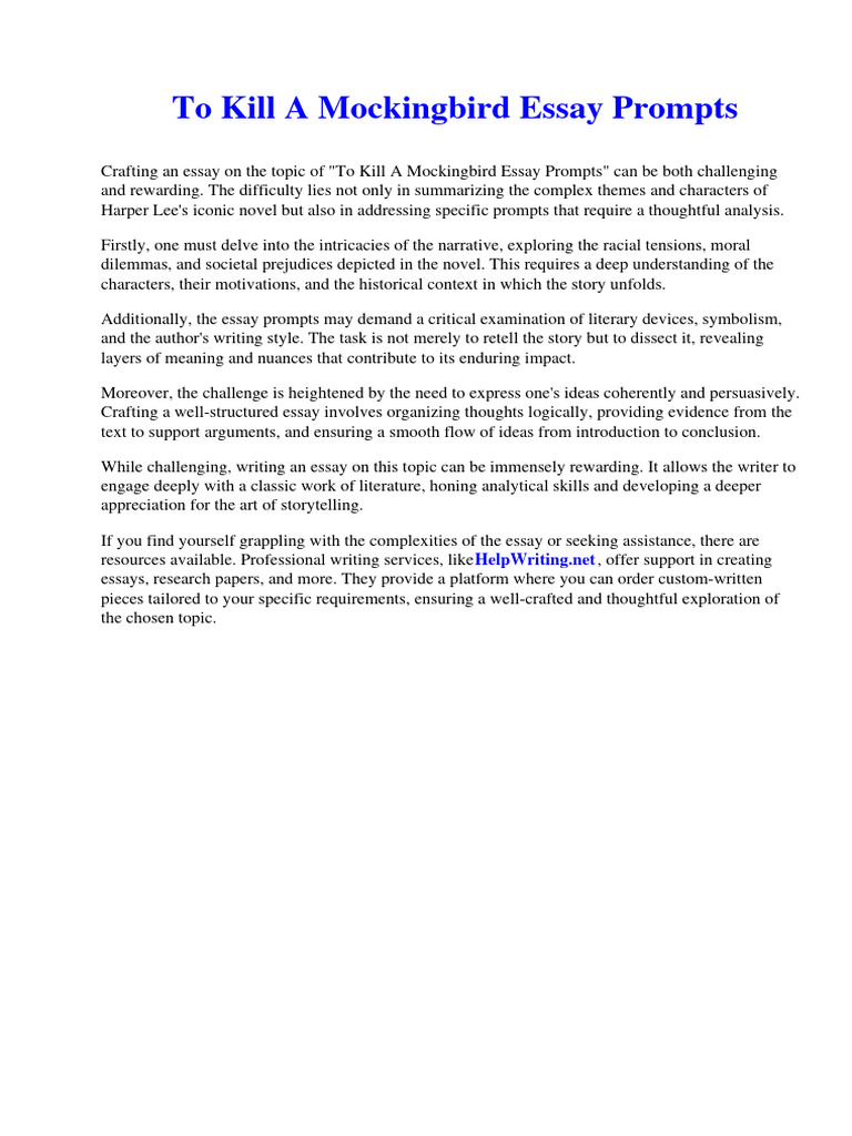 To Kill A Mockingbird Essay Prompts | PDF | Essays | To Kill A Mockingbird