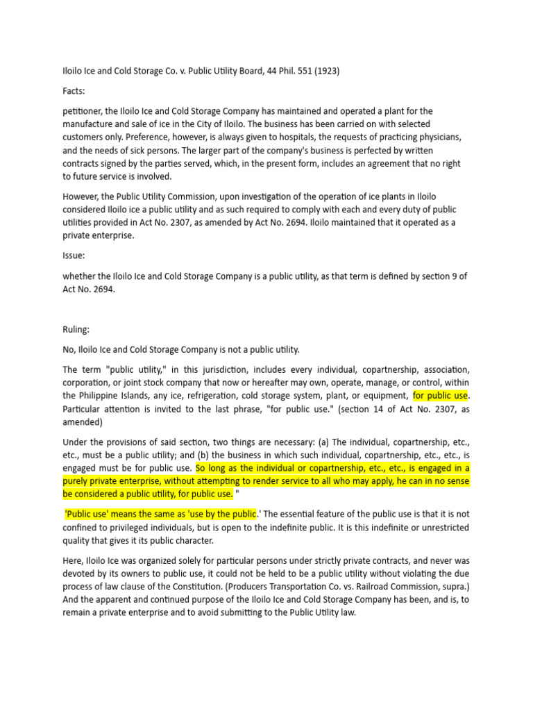 Digest - Iloilo Ice and Cold Storage Co. v. Public Utility Board, 44 ...