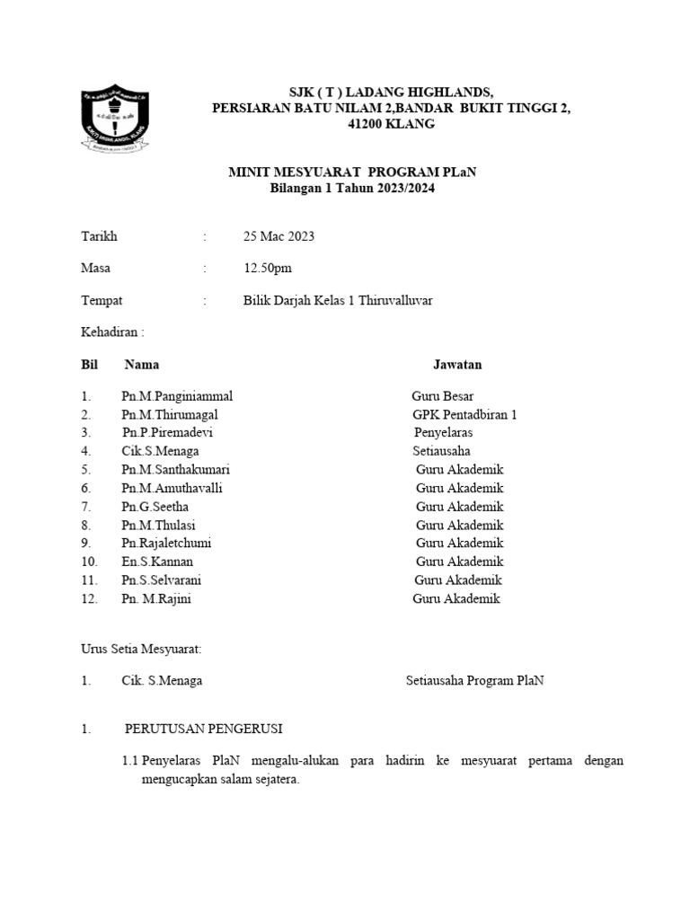 Minit Mesyuarat PLAN Pertama | PDF