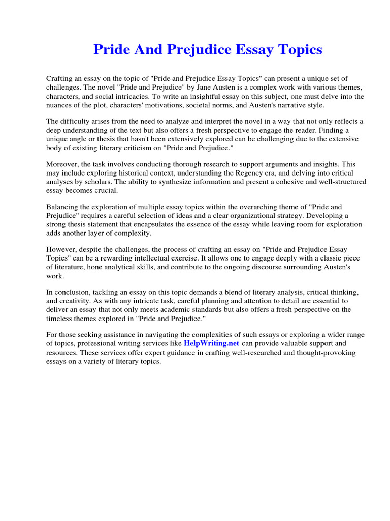 Pride and Prejudice Essay Topics | PDF | Essays | Professional Wrestling