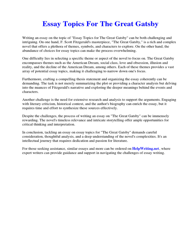 Essay Topics For The Great Gatsby | PDF | The Great Gatsby | Essays