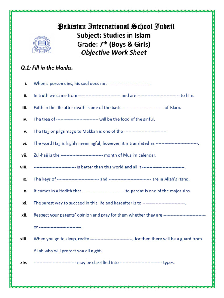 Objective Work Sheet (Unsolved) | PDF | Hajj | Sharia