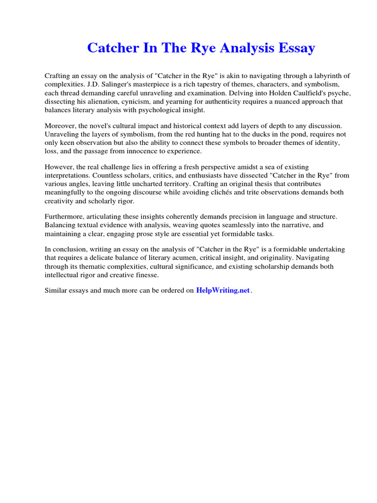 Catcher in The Rye Analysis Essay | PDF | Essays