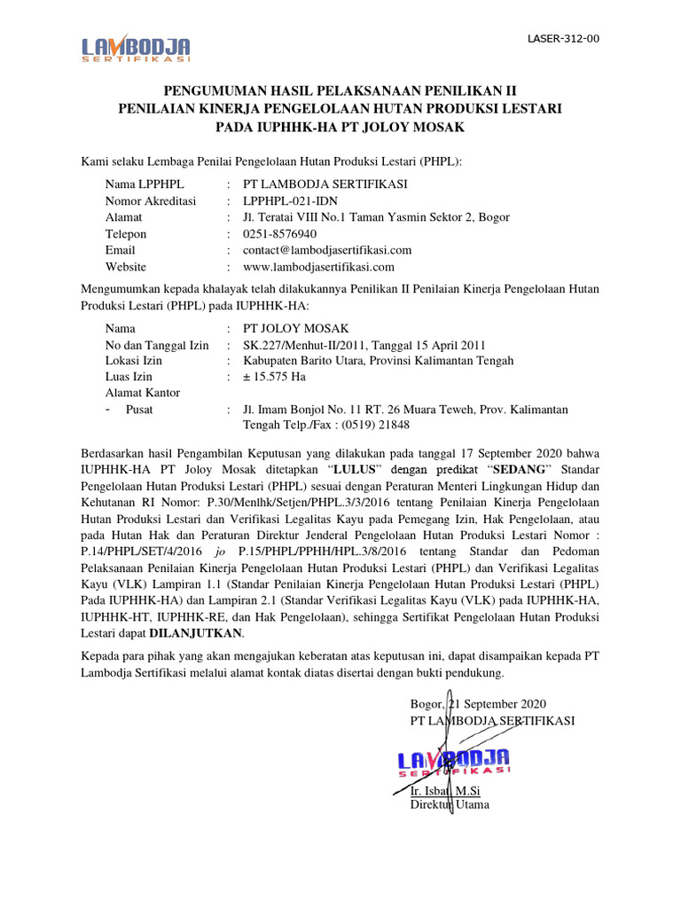 Hasil Penilikan II PHPL PT Joloy Mosak | PDF