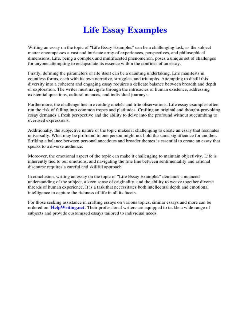 Life Essay Examples | PDF | The Call Of The Wild | Essays