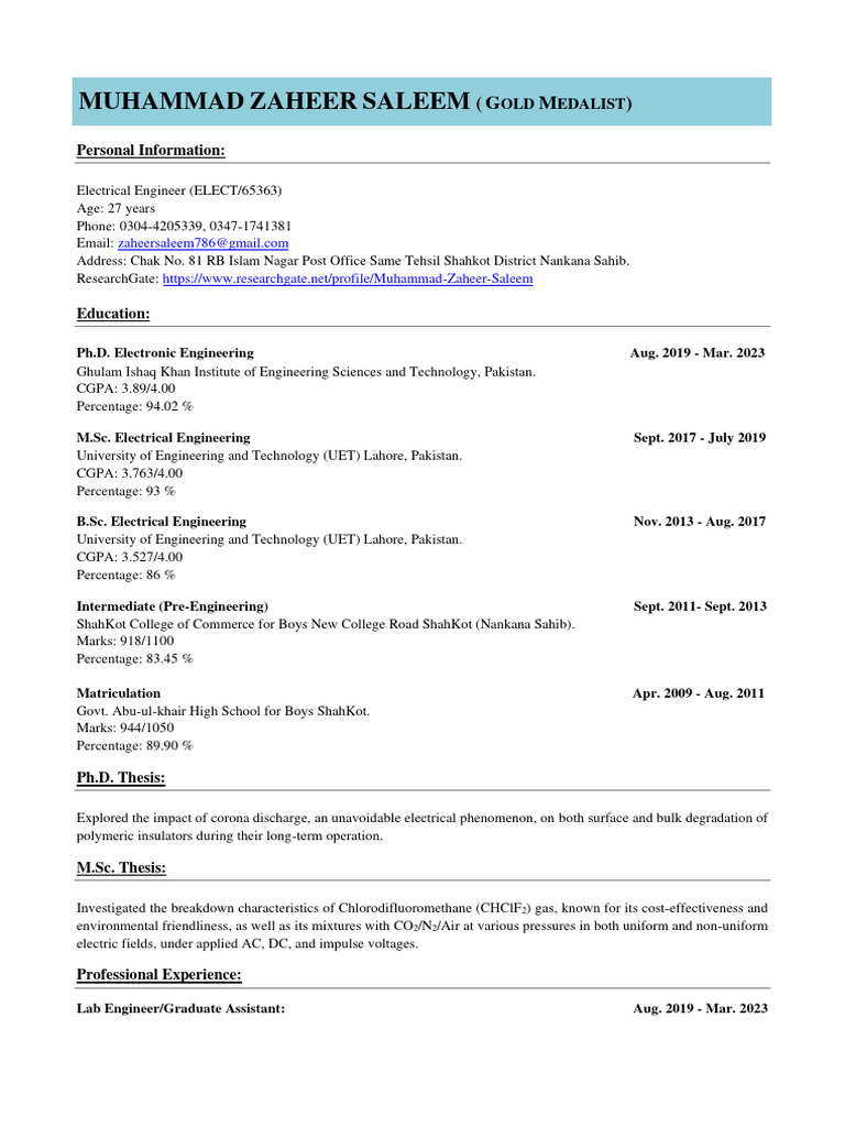 CV - Muhammad Zaheer Saleem | PDF | Insulator (Electricity) | Electromagnetism