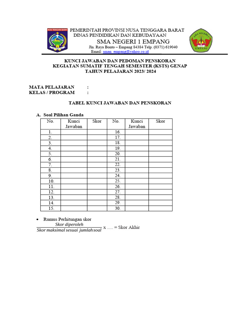 Format Kunci Jawaban & Pedoman Penskoran | PDF