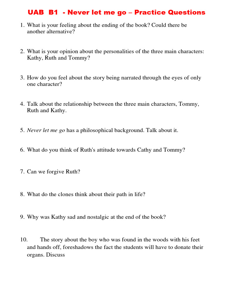 Never Let Me Go - Practice Questions | PDF | Philosophy | General Fiction