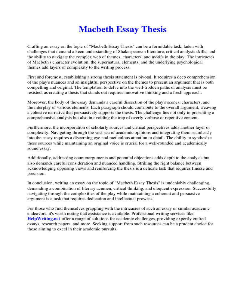 Macbeth Essay Thesis | PDF | Anemia | Essays