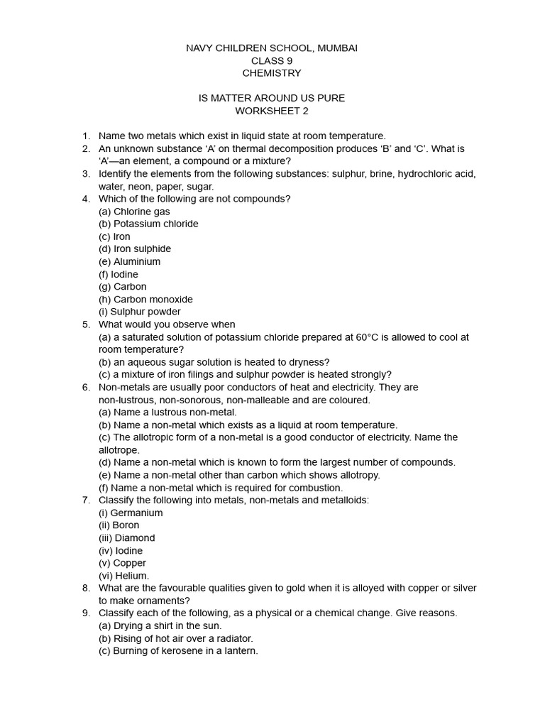 Class 9 Chemistry Worksheet: Matter | PDF | Chemical Substances | Chlorine