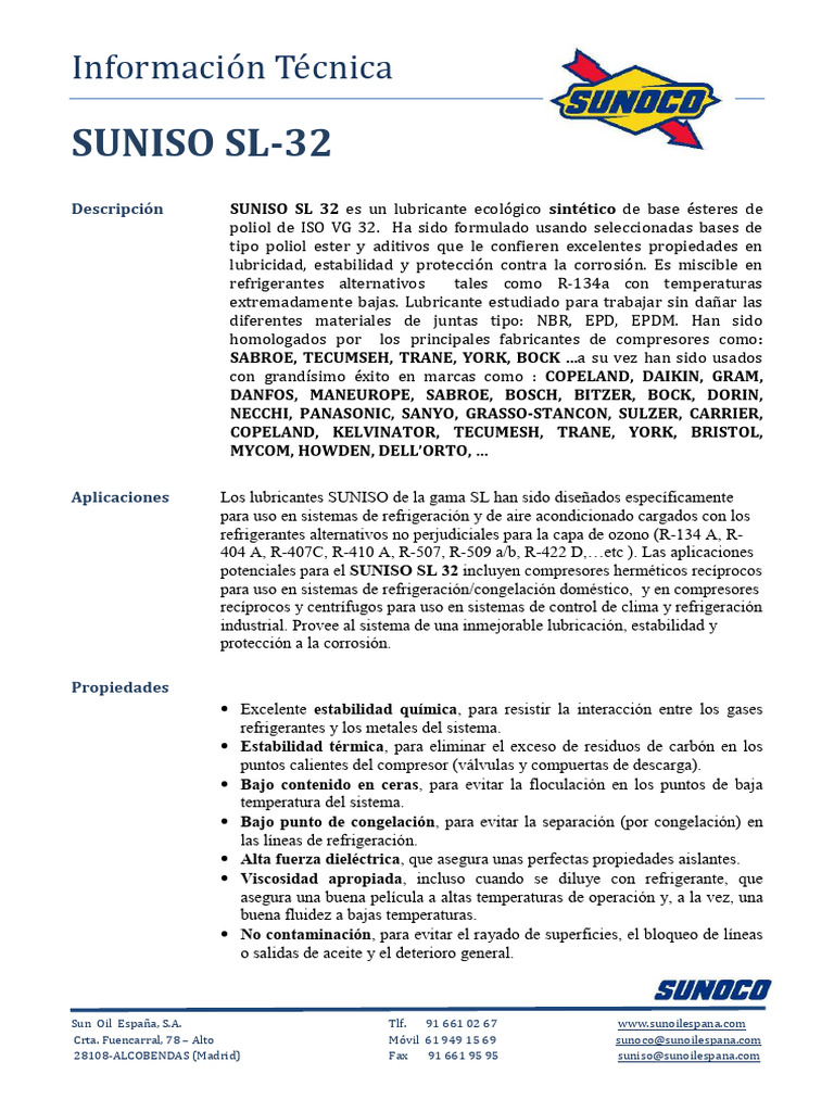 SUNISO-SL-32 | PDF | Lubricante | Ciencias fisicas