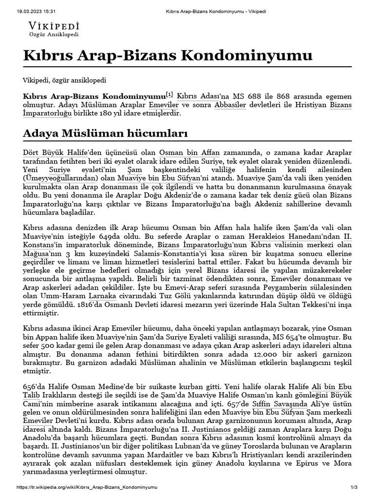 Kıbrıs Arap-Bizans Kondominyumu - Vikipedi | PDF