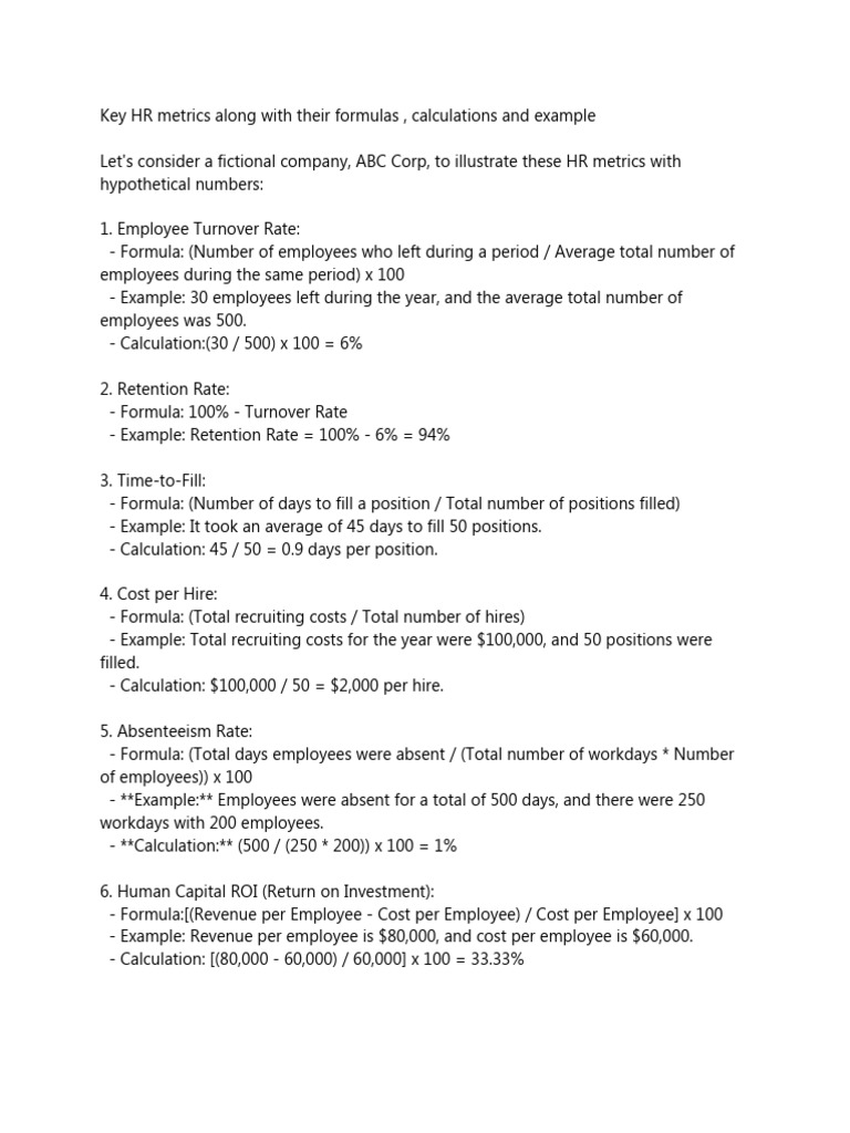 Key HR Metrics Along With Their Formulas | PDF | Return On Investment | Employee Retention