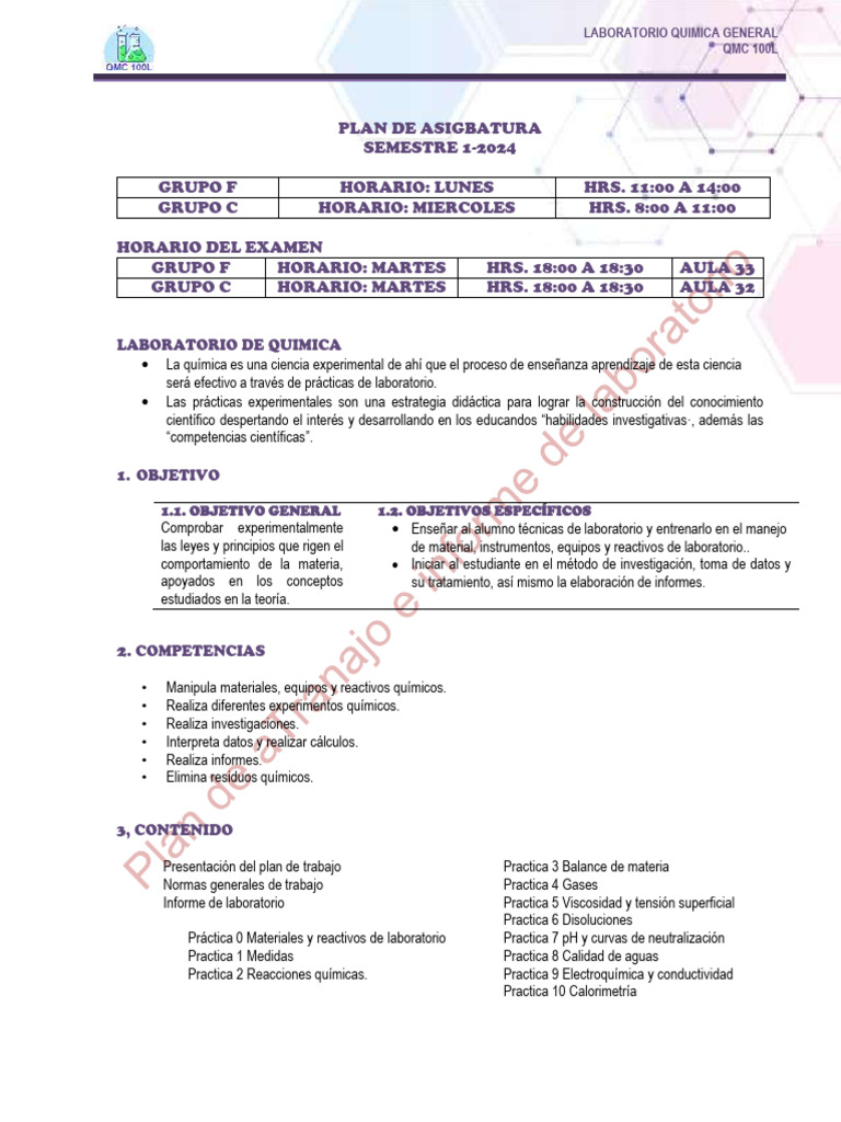 Plan de Trabajo QMC 100L 1 2024 | PDF | Laboratorios | Química