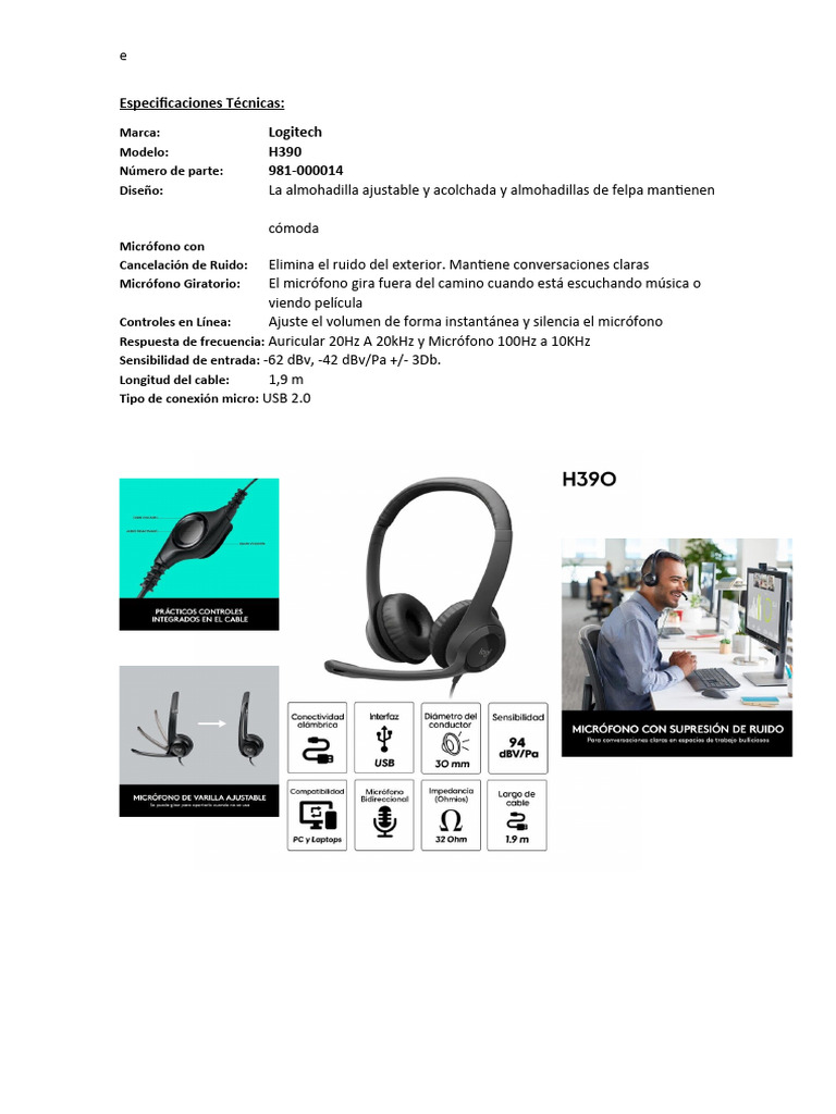 Especificaciones del Logitech H390 | PDF | Informática