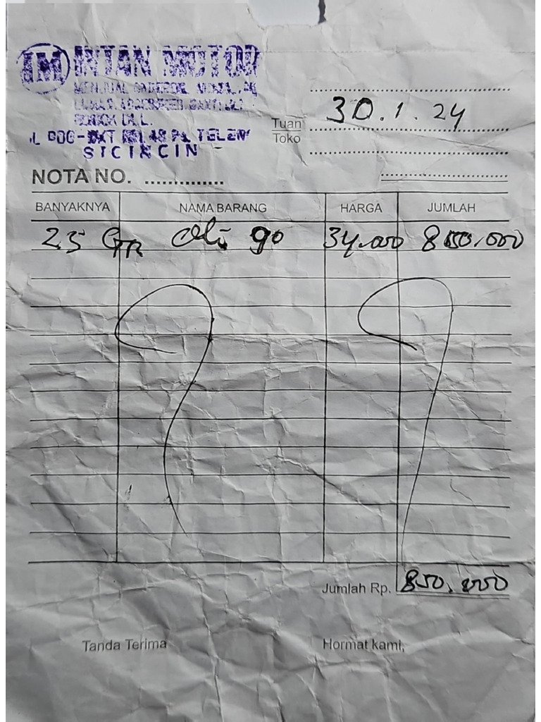 30-01-2024 Nota Intan Motor (25 LTR Oli Se 90), TGL | PDF