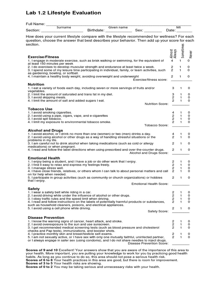 Lab 1.2 Lifestyle Evaluation | PDF | Privacy | Physical Fitness
