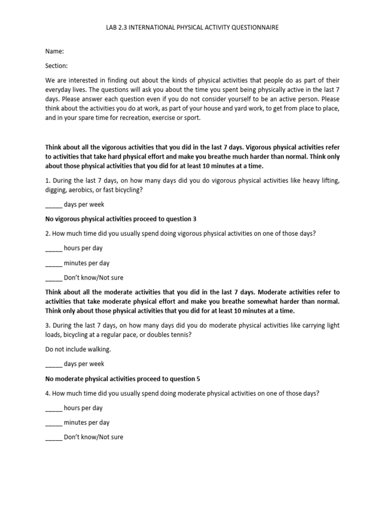 Lab 2.3 IPAQ | PDF | Physical Exercise | Physical Fitness