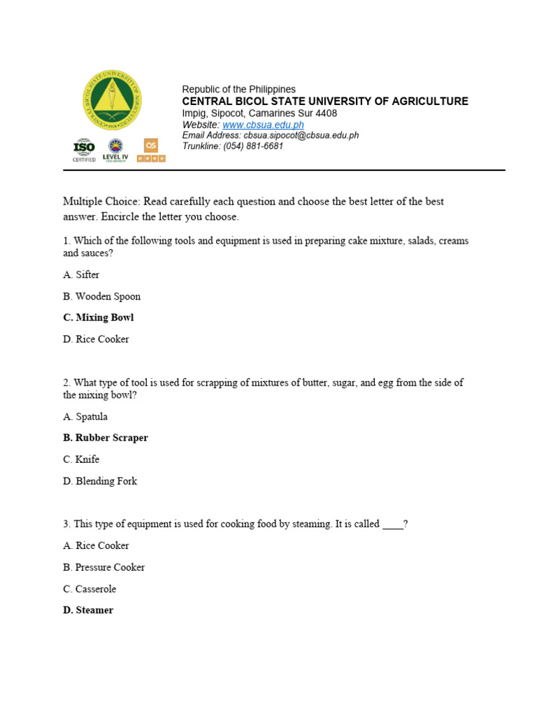 Test Questions (Prepare Cereals and Starch Dishes) | PDF | Starch | Pasta