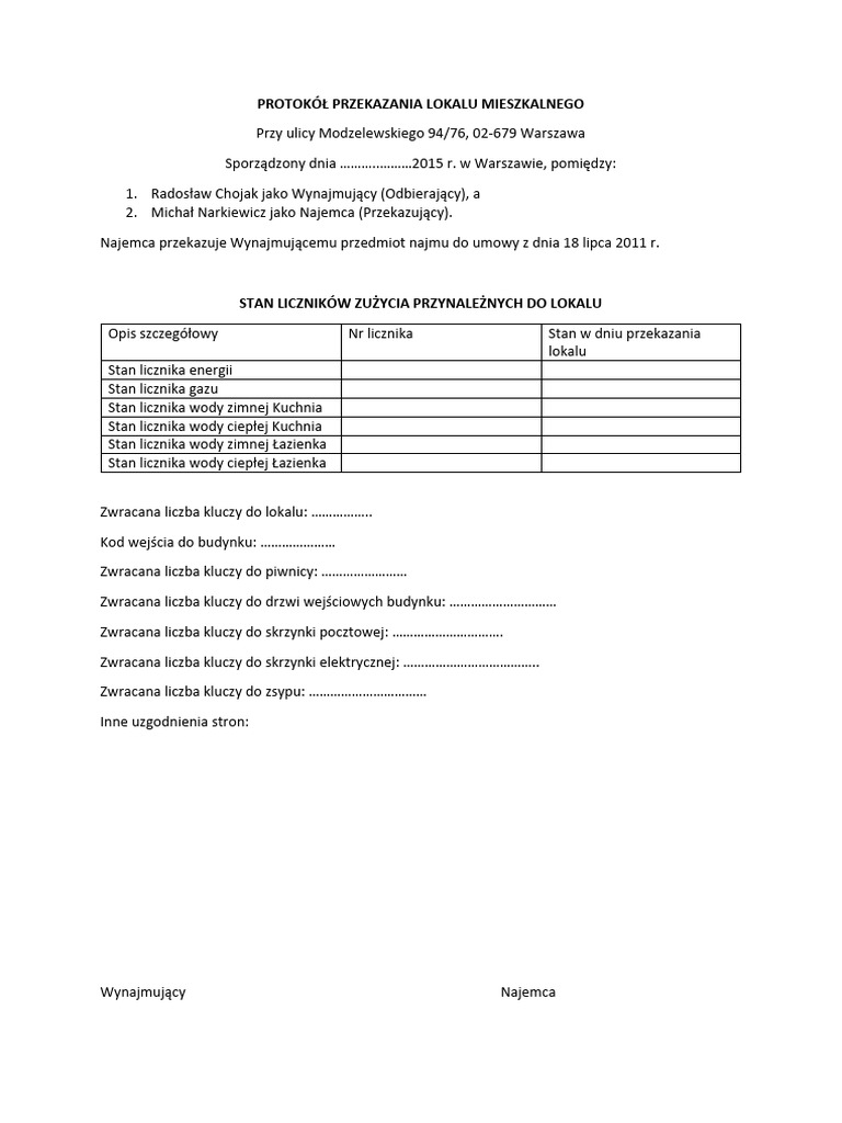 Protokół Przekazania Lokalu | PDF