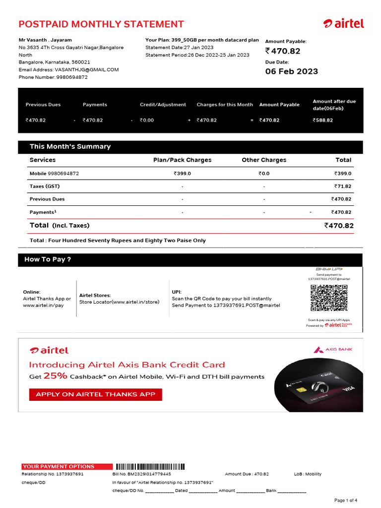 Postpaid Monthly Statement: This Month's Summary | PDF | Cheque | Payments
