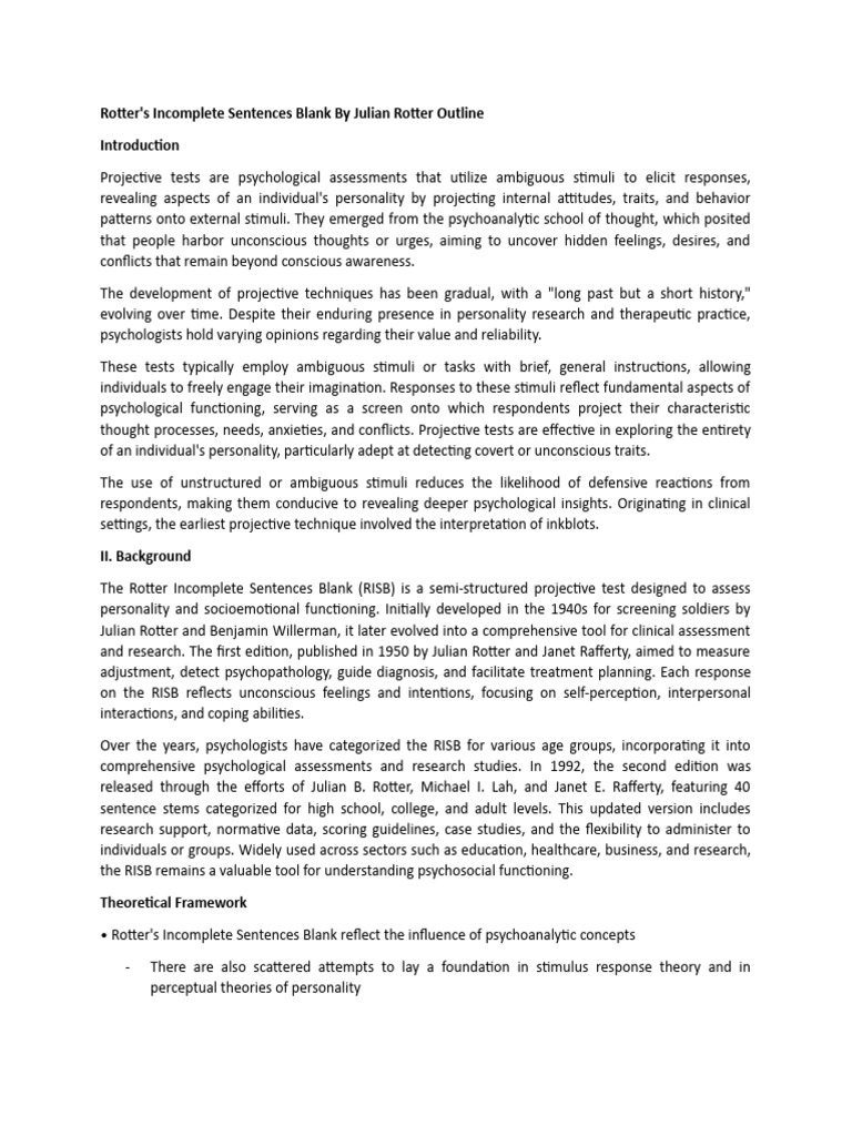 Rotters Incomplete Sentences Blank by Julian Rotter Outline | PDF ...