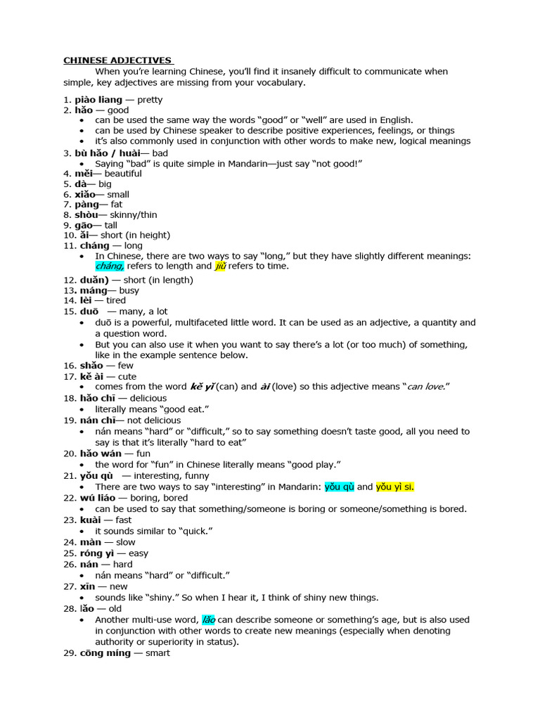 Essential Mandarin Adjectives Guide | PDF | Languages | Foreign ...
