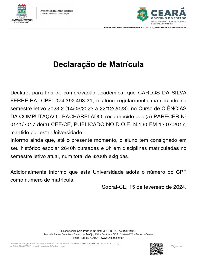 Exemplo de declaração de matricula | PDF