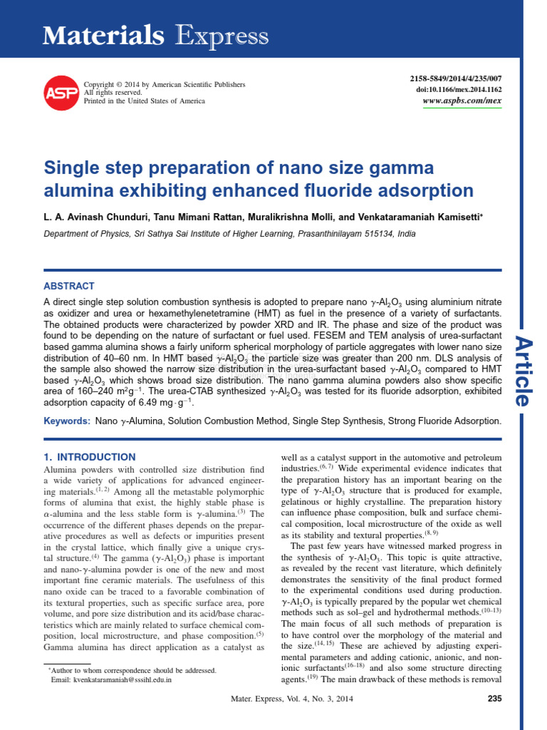 Materials Express: Single Step Preparation of Nano Size Gamma Alumina ...