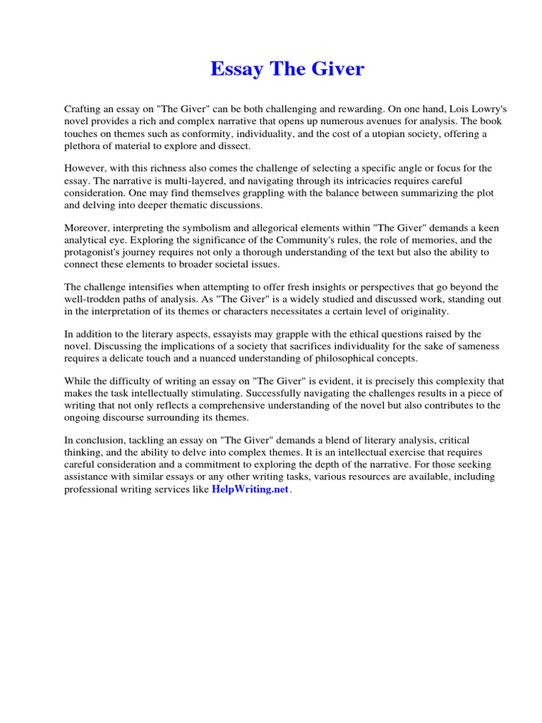 Essay The Giver | PDF | Essays | The Giver