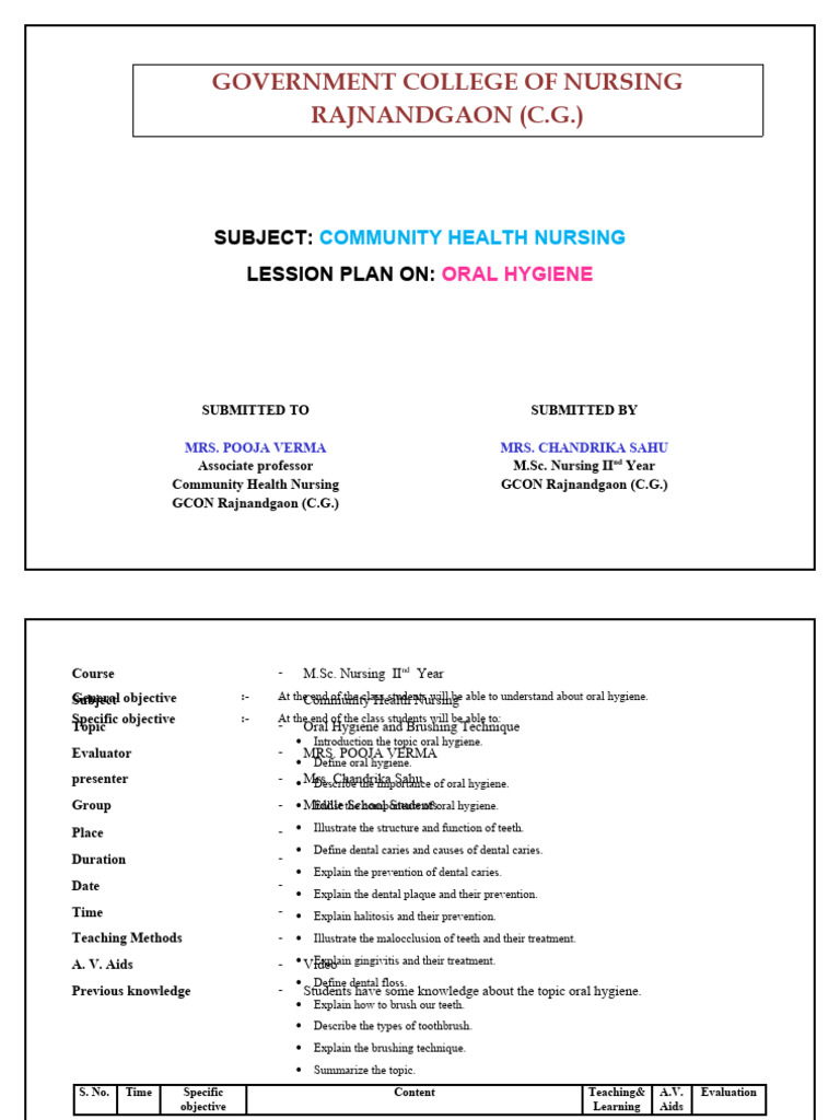 Lession Plan On Oral Health | PDF | Oral Hygiene | Toothbrush