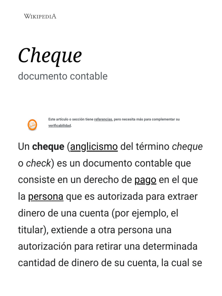 Cheque - Wikipedia, La Enciclopedia Libre | PDF | Cheque | Dinero