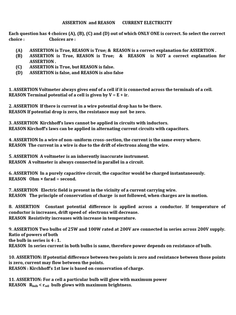Assertion and Reason in Current Electricity | PDF | Series And Parallel ...