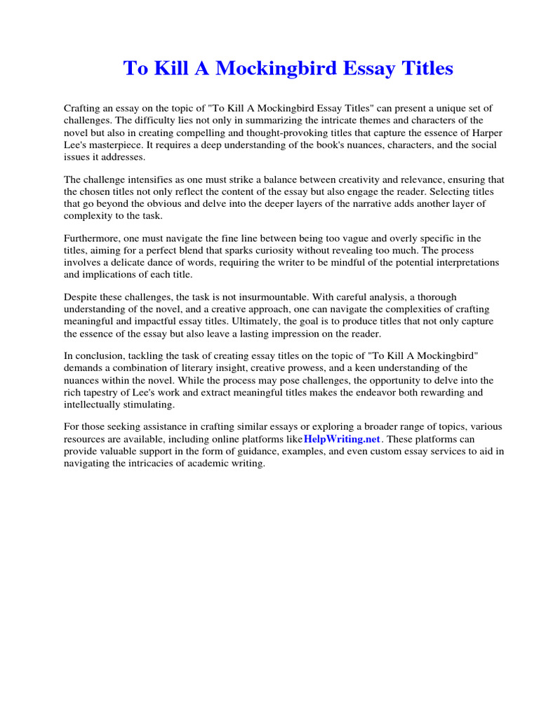To Kill A Mockingbird Essay Titles | PDF | Performance Indicator | Essays