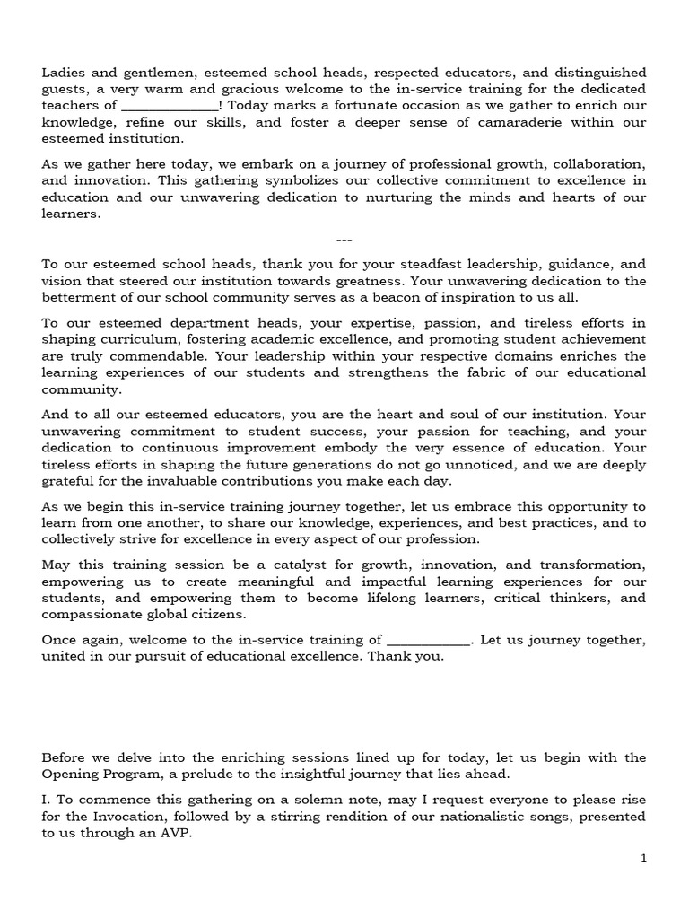 In-Service Training of Teachers Emcee Script | PDF | Cognition | Learning