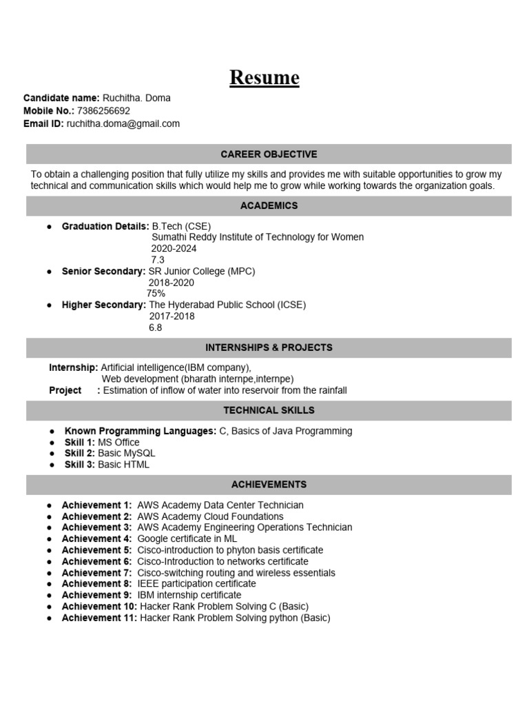 Ruchitha - Doma Resume | Download Free PDF | Computing | Computer Science