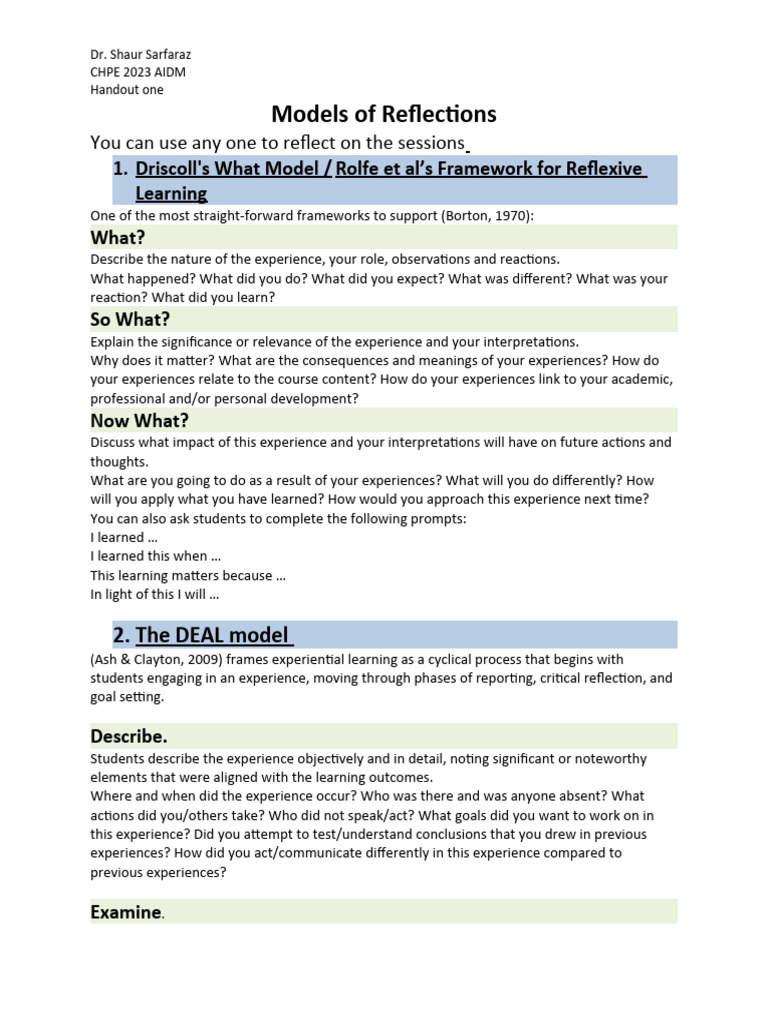 Handout 1 Reflecive Wriitng | PDF | Experience | Learning