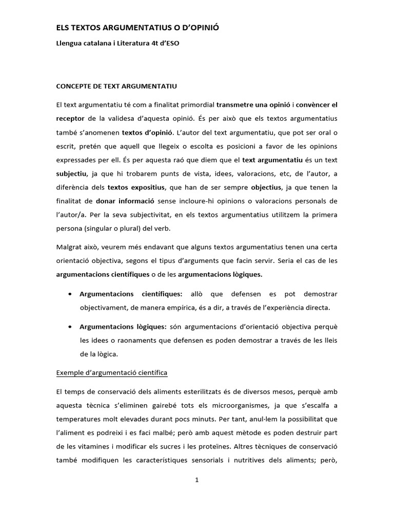 ELS TEXTOS ARGUMENTATIUS O D OPINIÓ 4t ESO 1 | PDF